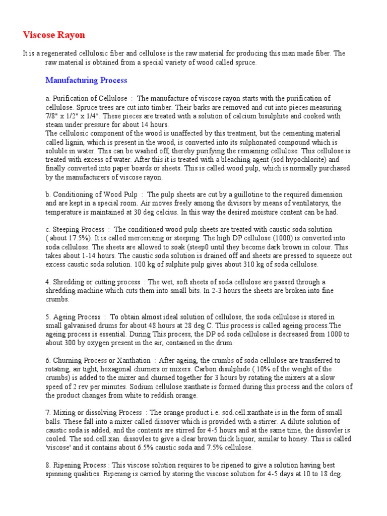 Viscose Rayon Fiber Manufacturing Process | PDF | Rayon | Pulp (Paper)