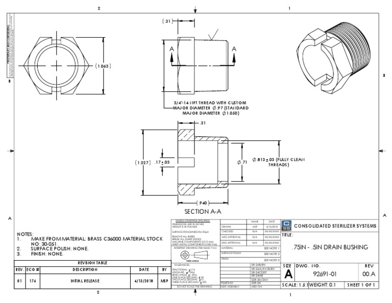 Notes: Make From Material: Brass C36000 Material Stock 1. NO: 30-051 ...
