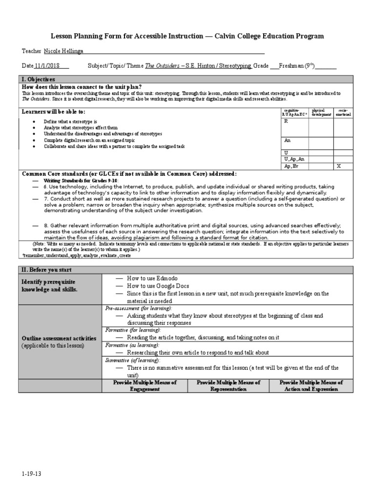 Unit Plan - Lesson One | PDF | Pedagogy | Behavior Modification