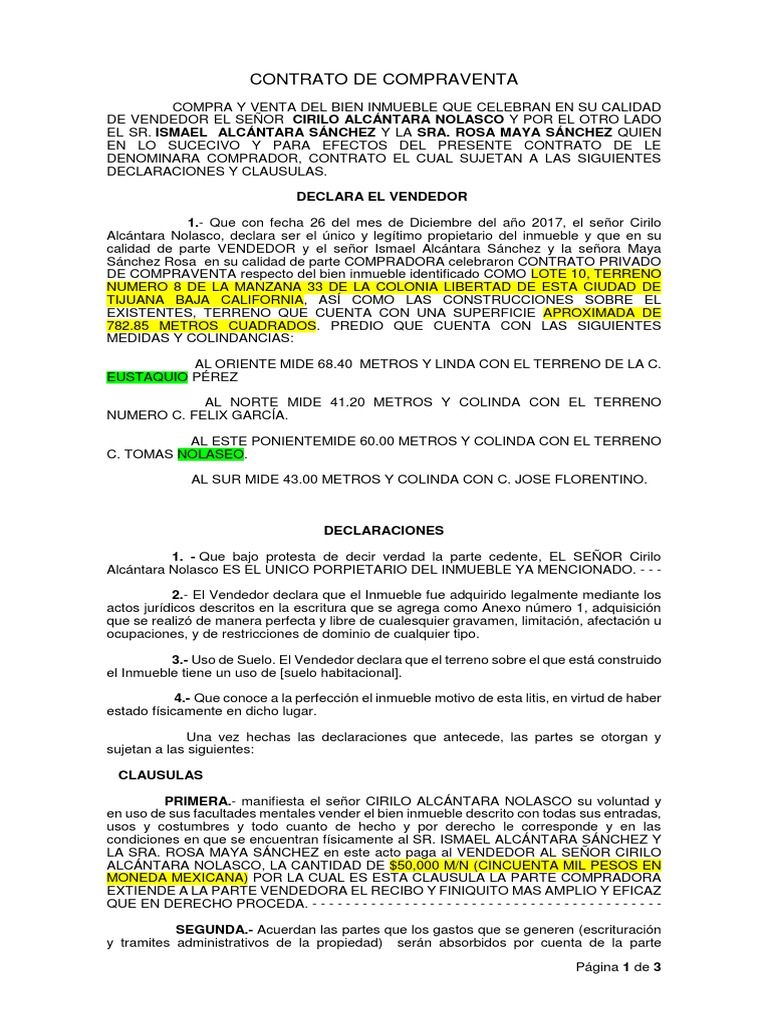 Ejemplo De Contrato De Compraventa De Bien Inmueble O
