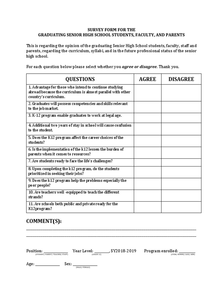 Questions Agree Disagree: Survey Form For The Graduating Senior High ...