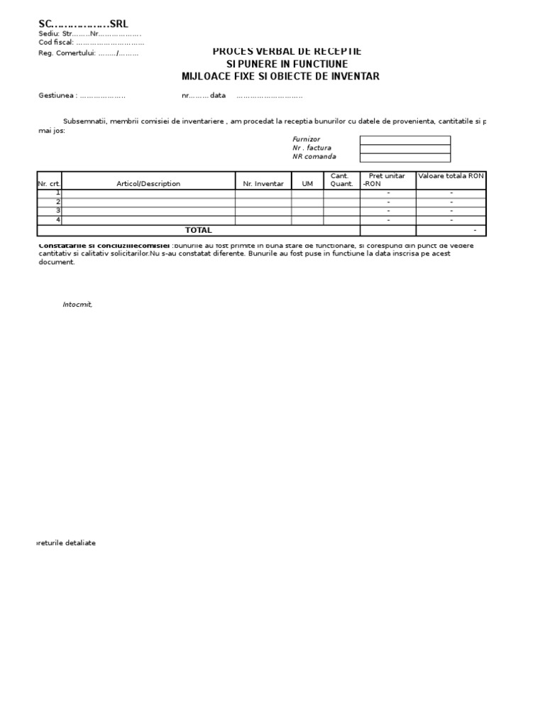 Anexa 7 Model PV Receptie Mijloace Fixe | PDF