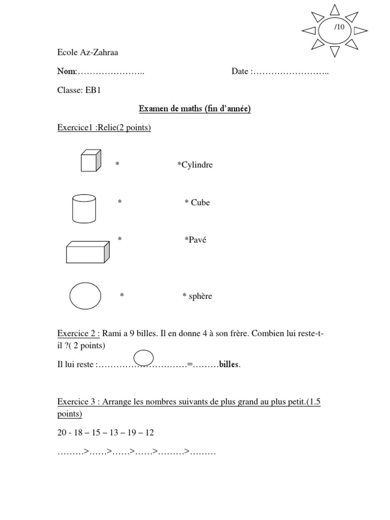 Examen de Maths EB1 - Fin d'Année | PDF | Méthodes et références ...