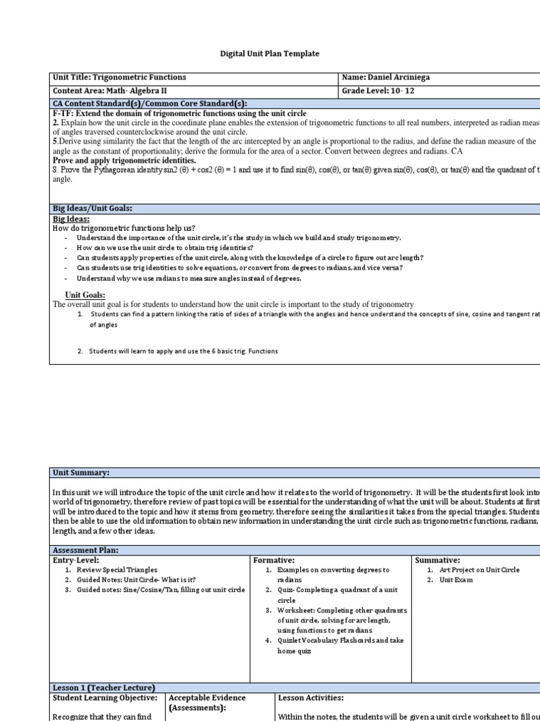 Digital Unit Plan | PDF | Trigonometric Functions | Trigonometry