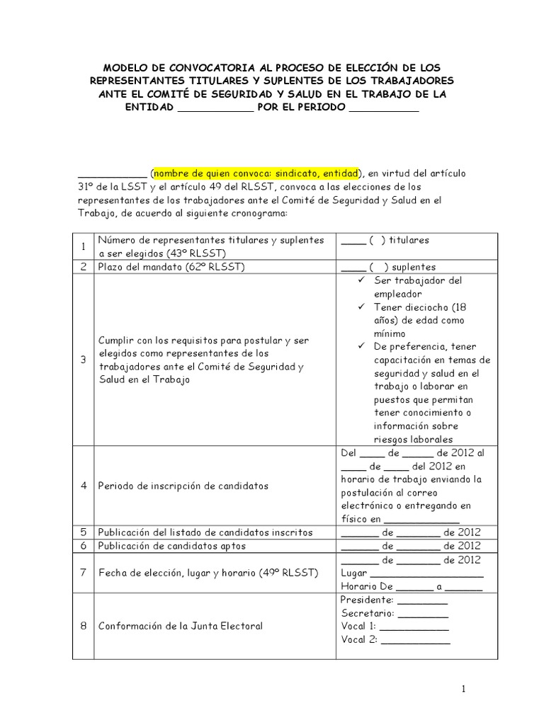 2. Modelo de Convocatoria Al Proceso de Elección de Los Representantes ...