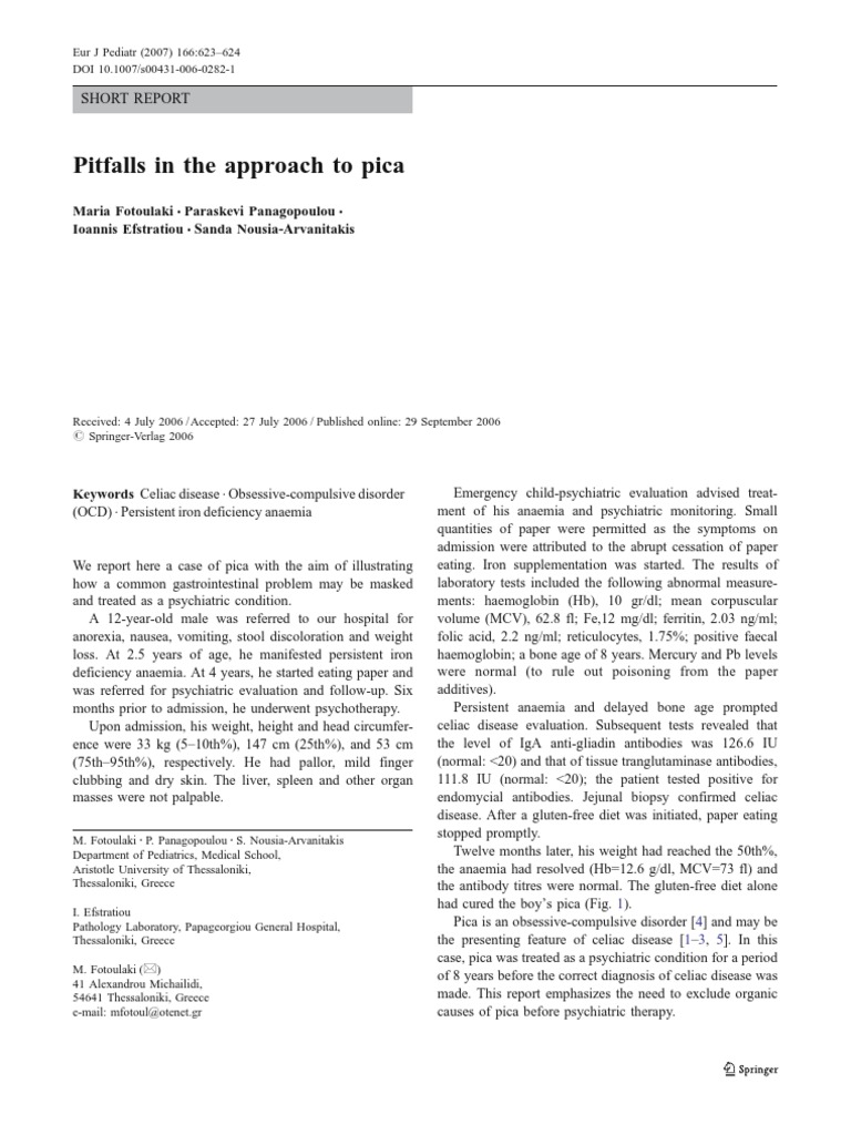 Pitfalls in The Approach To Pica. European Journal of Pediatrics, 166 ...