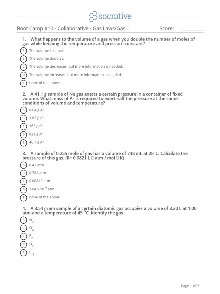 Gas Laws Practice Questions and Answers | PDF | Gases | Mole (Unit)