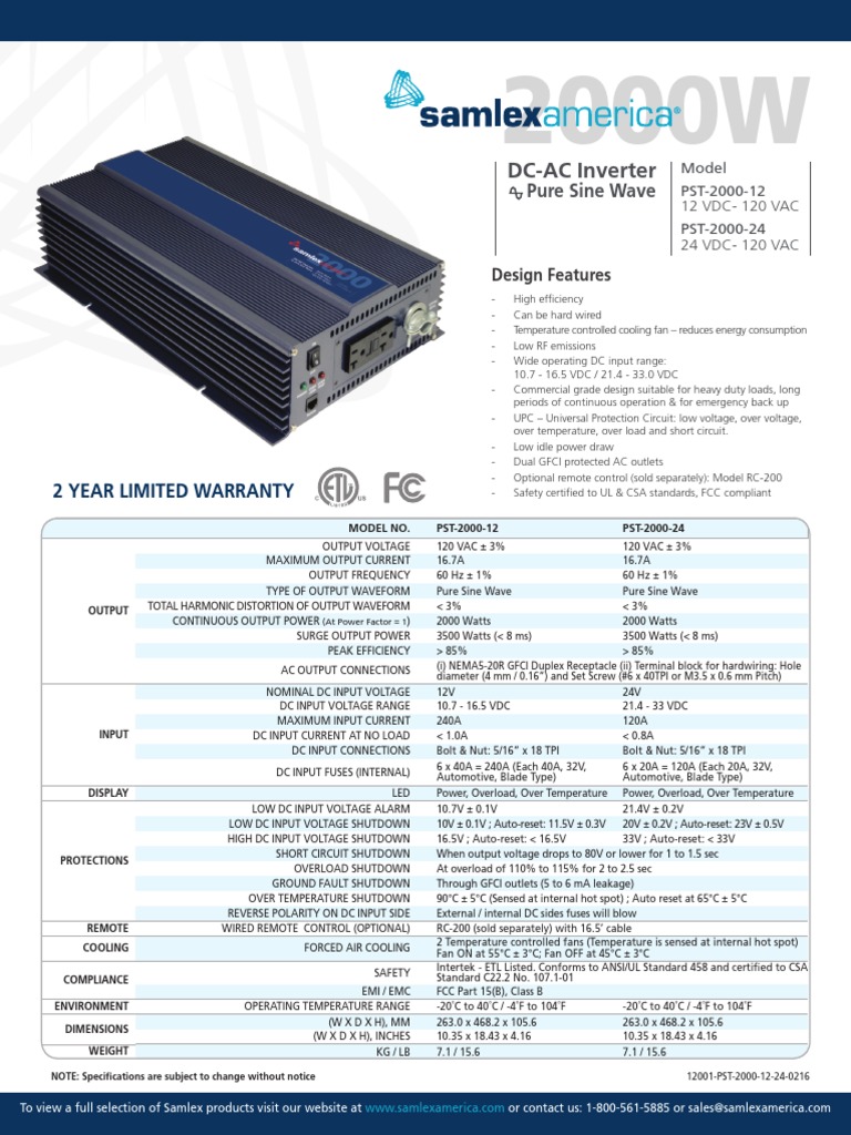PST-2000!12!24 Samlex Specifications | PDF | Electrical Equipment ...