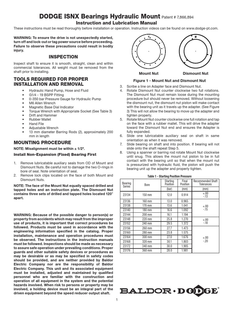 DODGE ISNX Bearings Hydraulic Mount: Instruction and Lubrication Manual ...