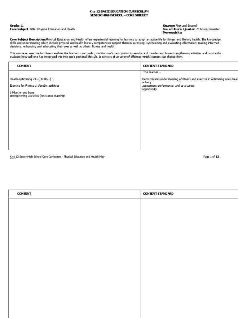 Health and Fitness in Senior High PE | PDF | Physical Education ...