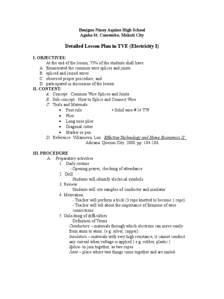 Lesson Plan in Electricity I | PDF | Wire | Insulator (Electricity)