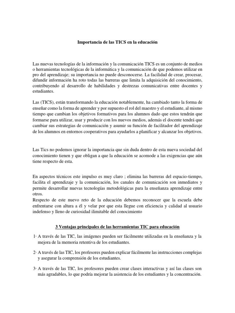 Importancia De Las Tics En La Educación Pdf Tecnología De