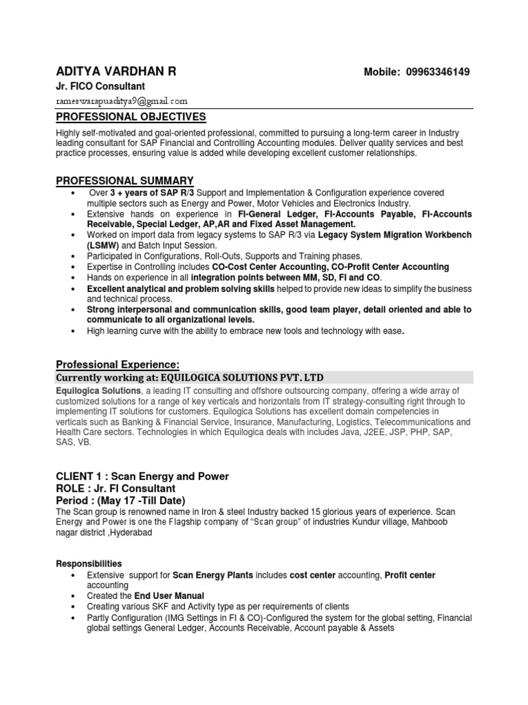 Aditya Resume SAP Fico | PDF | Accounts Payable | Sap Se