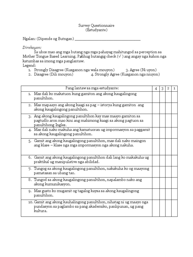 Survey Questionnaire Cebuano | PDF