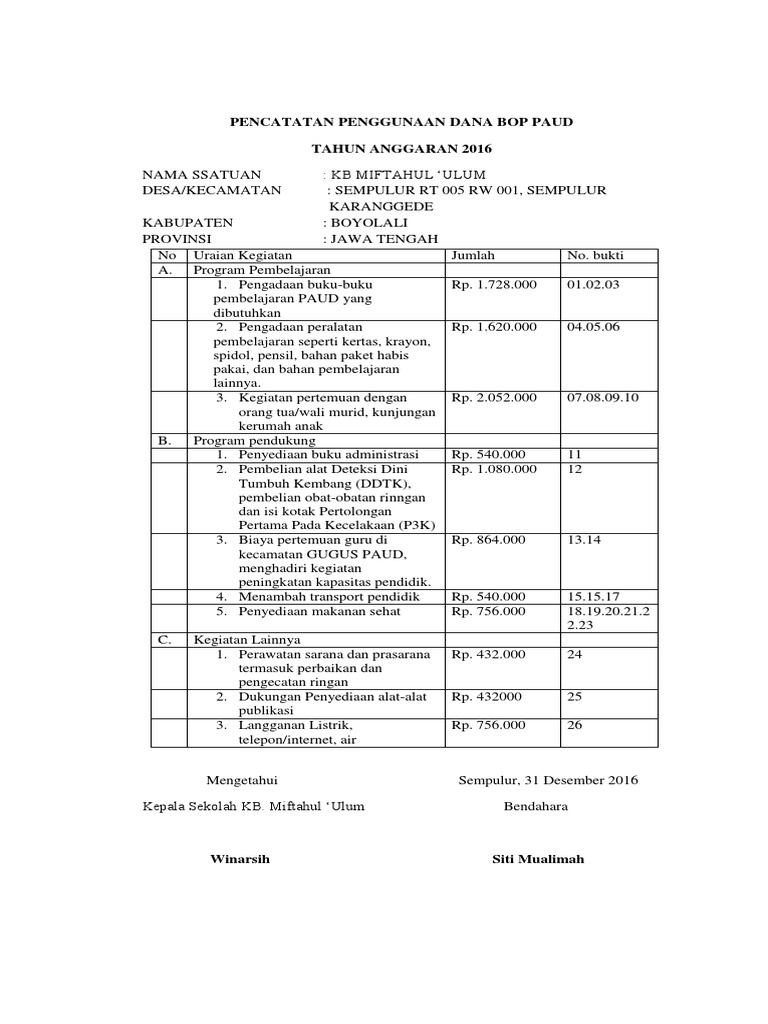 Pencatatan Penggunaan Dana Bop Paud | PDF