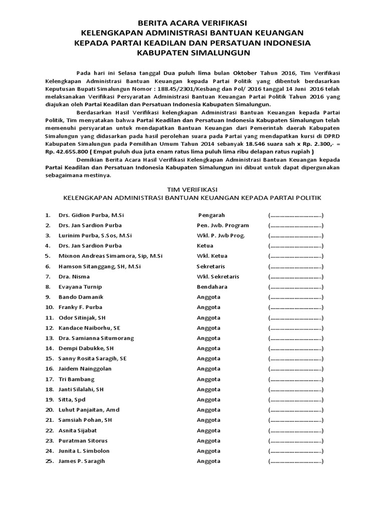 Berita Acara Verifikasi 2016.Pkp | PDF