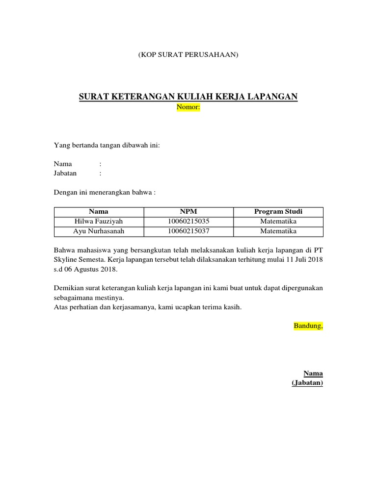 Contoh Surat Keterangan KKL | PDF