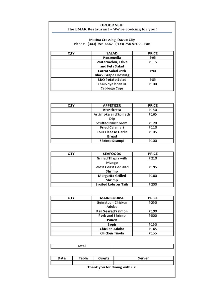 Order Slip The EMAR Restaurant - We're Cooking For You! | PDF
