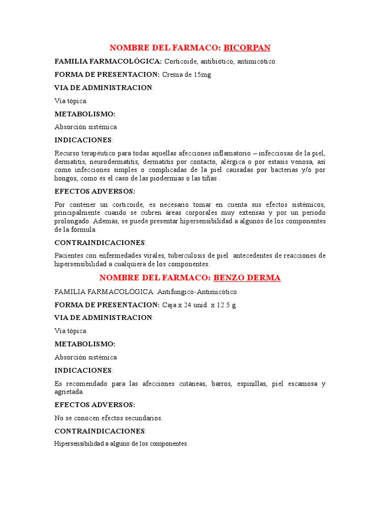 Uso y componentes de Bicorpan y Benzo Derma | PDF | Candidiasis ...