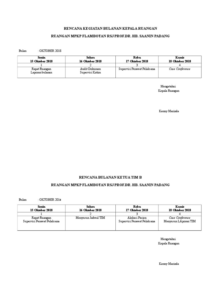 Rencana Bulanan Karu Katim | PDF