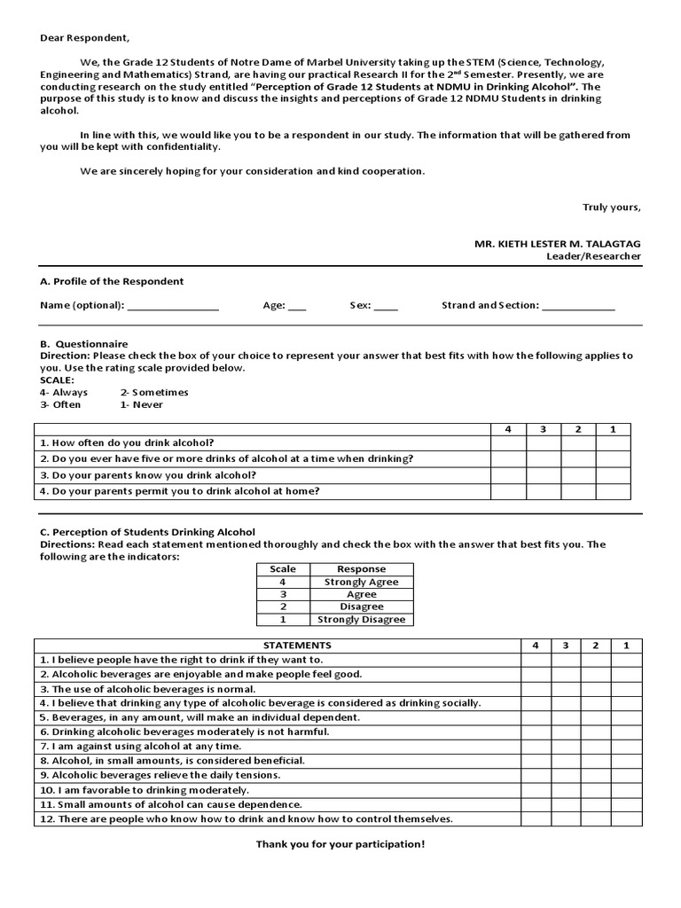 Questionnaire Prac. Res | PDF | Alcoholism | Drink