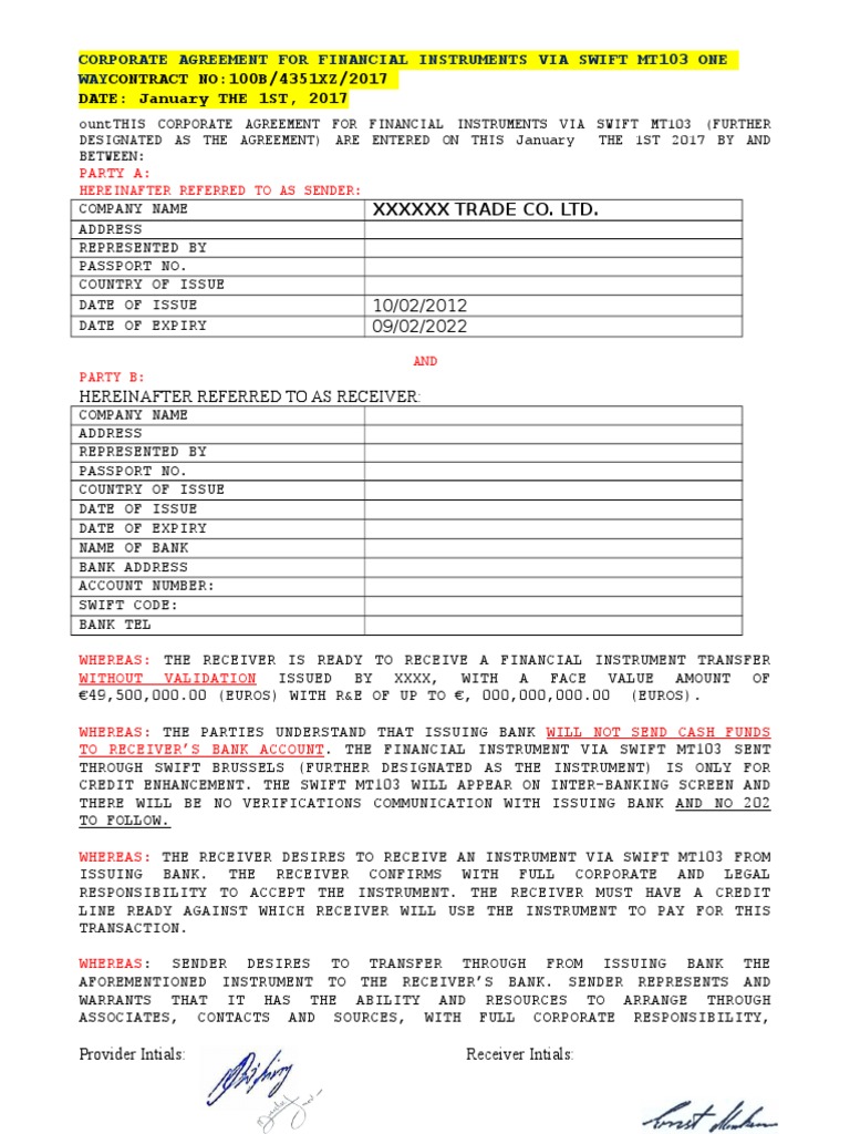 Sample Agreement MT103 ONE WAY C-2 | PDF | Wire Transfer | Financial ...