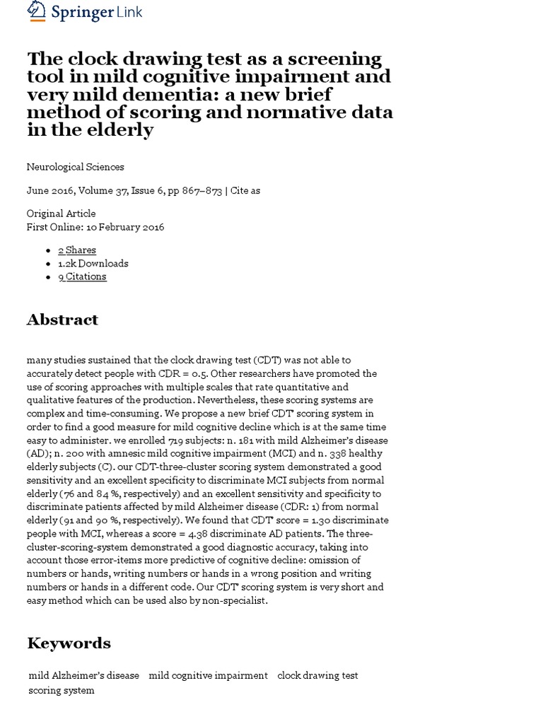 The Clock Drawing Test As A Screening Tool in Mild Cognitive Impairment ...