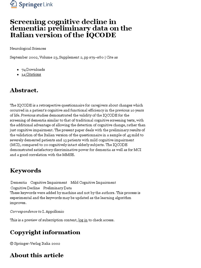 Screening Cognitive Decline in Dementia: Preliminary Data On The ...