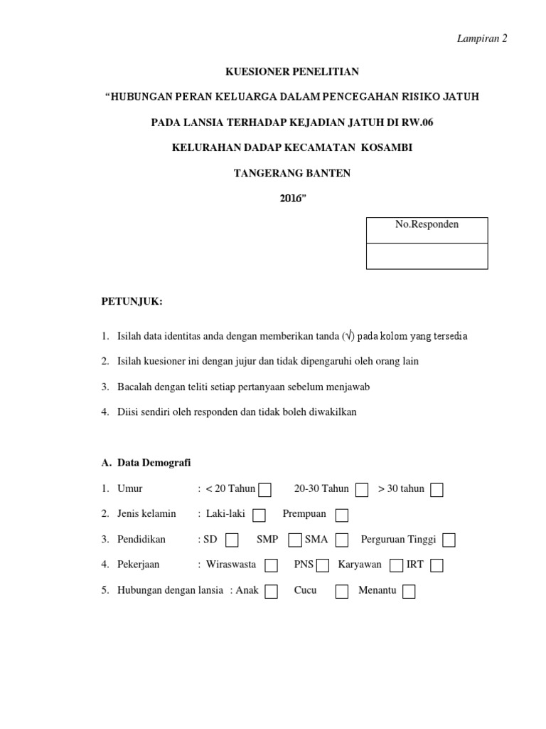 Kuesioner Penelitian Hubungan Peran Keluarga Dalam Pencegahan Risiko Jatuh Pada Lansia Terhadap ...
