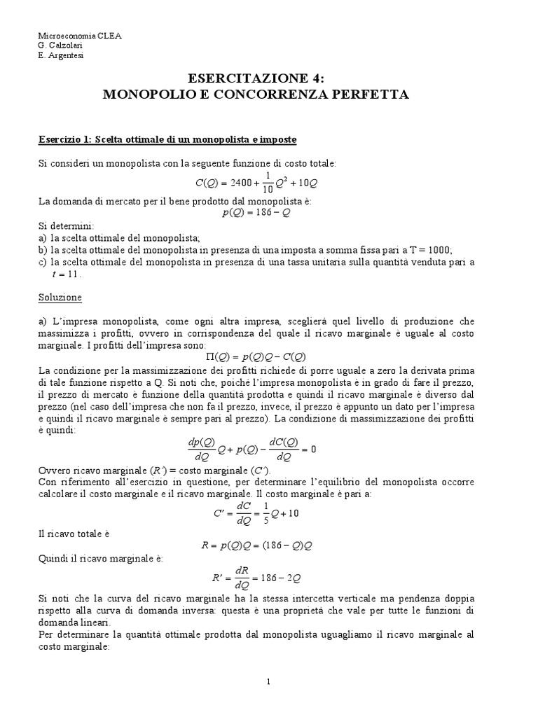 Esercizi Monopolio e Concorrenza Perfetta | PDF