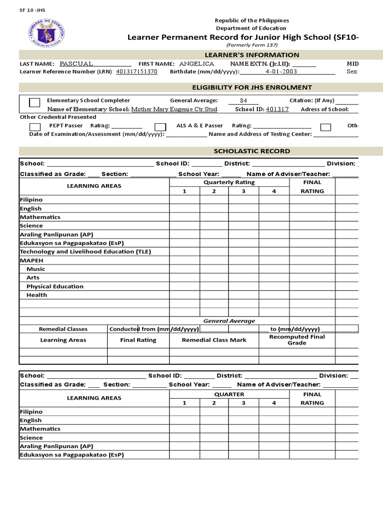 School Form 10 SF10 F137 JHS | PDF | Cognition | Behavior Modification