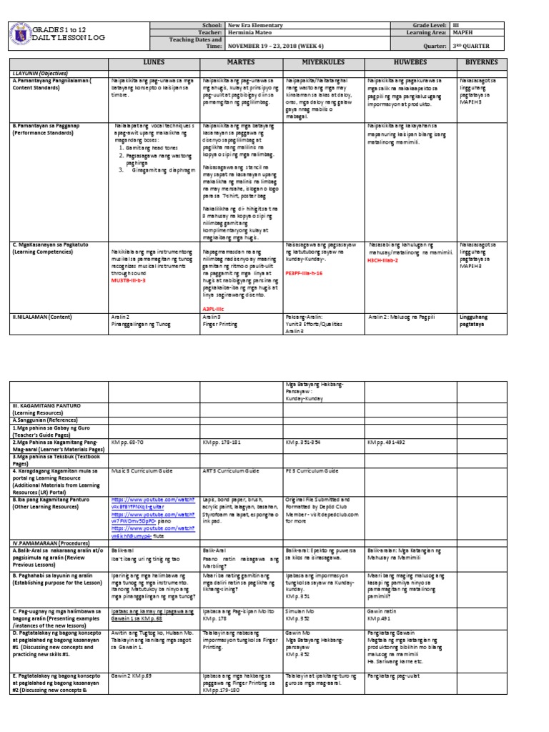 DLL - Mapeh 3 - Q3 - W4 | PDF