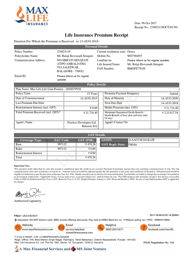 Premium Receipts | PDF | Life Insurance | Insurance