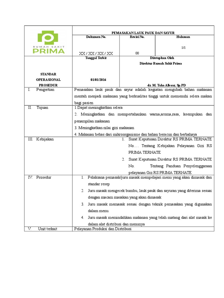 SOP Pemasakan Lauk Pauk dan Sayur | PDF