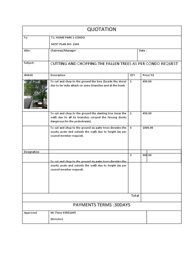 Tree Cuttng Quotation at Hume Park | PDF