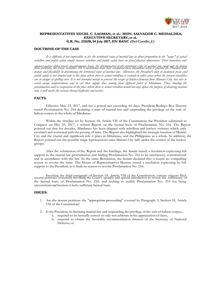 Lagman Vs Medialdea (UST Case Digest) | Download Free PDF | Martial Law | Habeas Corpus