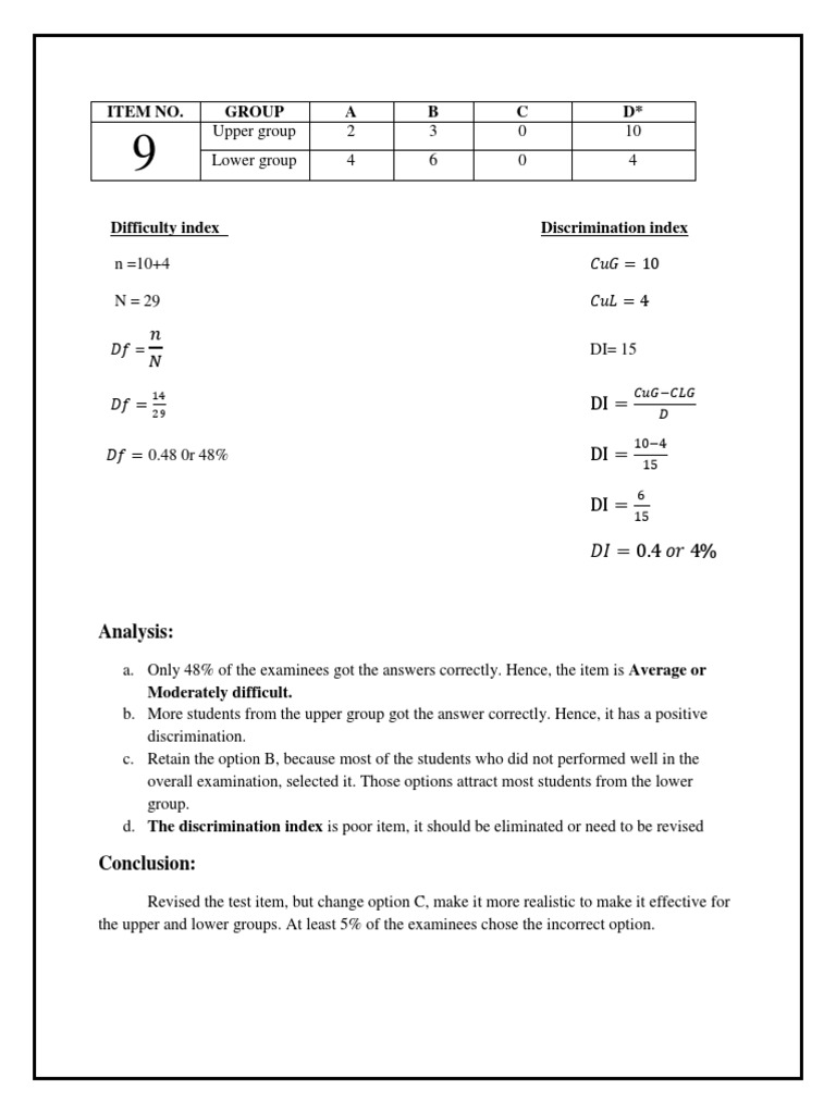 Item No. Group A B C D : Analysis | PDF | Test (Assessment ...