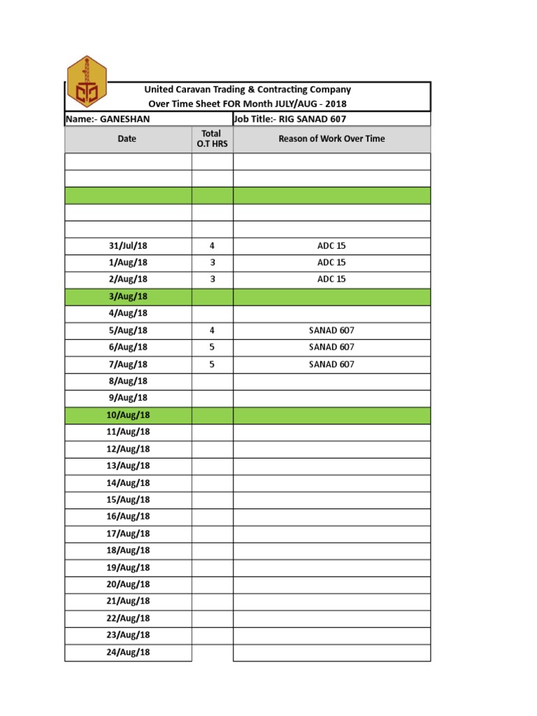 United Caravan Trading & Contracting Company Over Time Sheet FOR Month ...