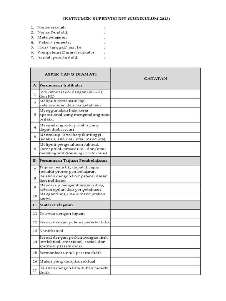 Instrumen Supervisi RPP | PDF