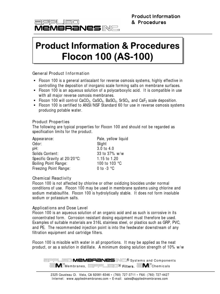 Flocon 100 (AS-100) : Product Information & Procedures | PDF | Chlorine ...