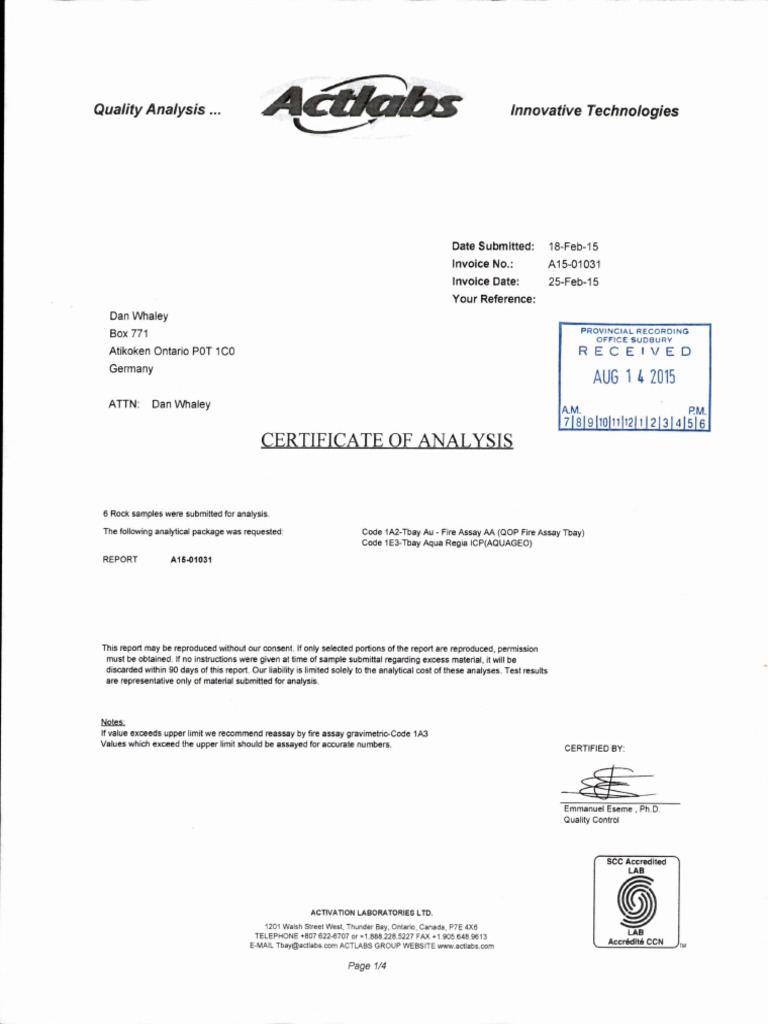 Certificate of Analysis: Quality Analysis ... Innovative Technologies ...