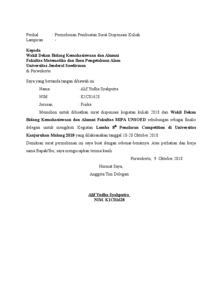 Permohonan Surat Dispensasi Kuliah | PDF