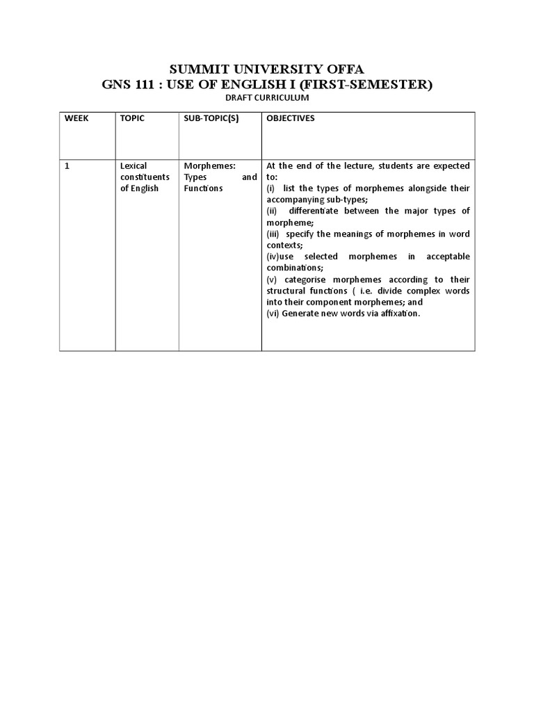 Summit University Offa Gns 111: Use of English I (First-Semester) | PDF | Phrase | Clause
