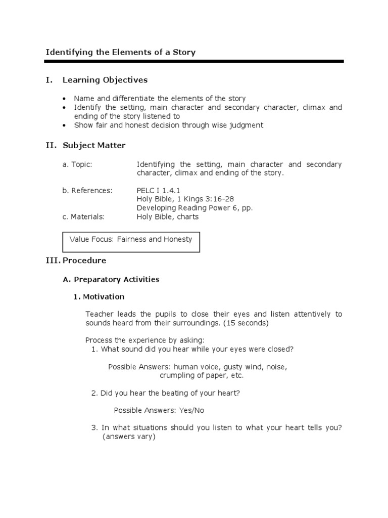 Grade 6 Lesson Plan Identifying The Elements of A Story | PDF ...