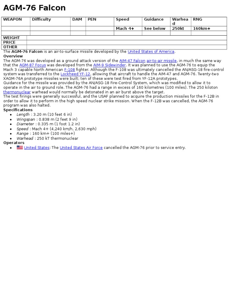 AGM-76 Falcon Missile Overview | PDF | History