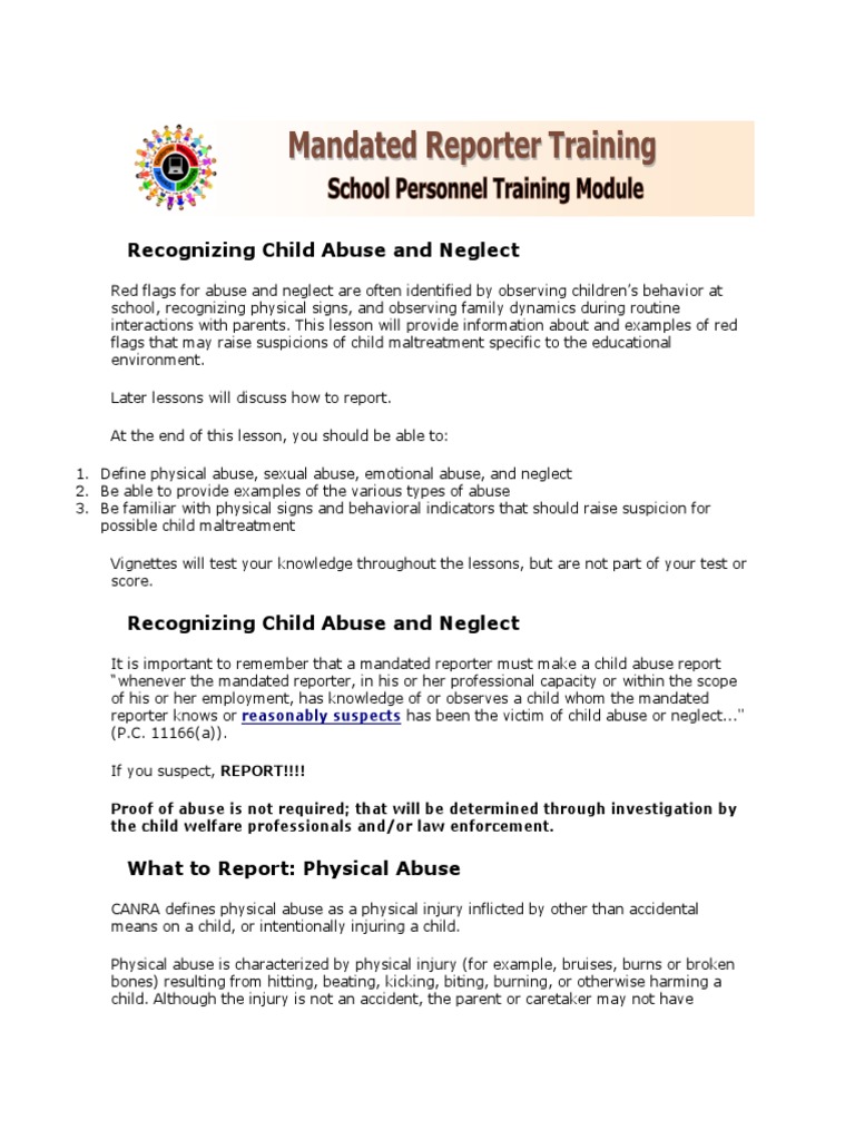 Mandated Reporting Lesson 1 | PDF | Child Neglect | Child Abuse