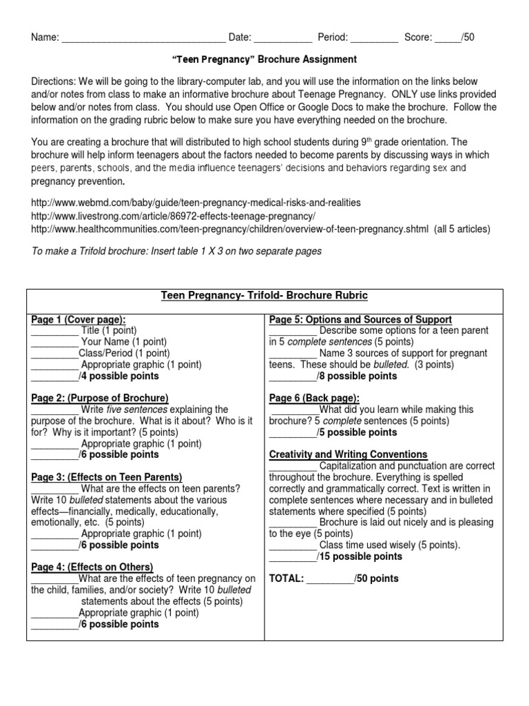 Teen Pregnancy Brochure Assignment | PDF | Adolescence | Rubric (Academic)