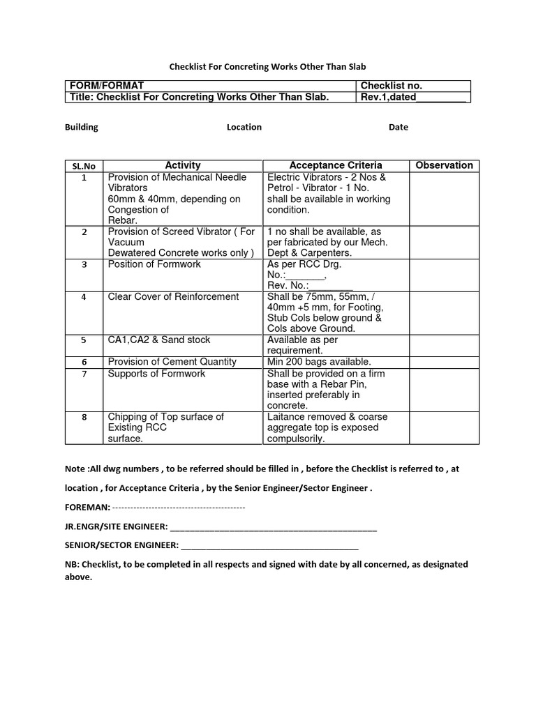Checklist For Concreting Other Than Pre Contracted | PDF | Concrete ...