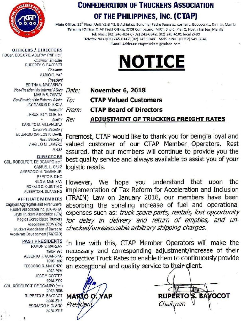 Confederation of Truckers Association of The Philippines Notice To Hike ...