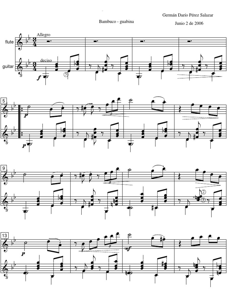 German Darío Perez - Bambina - para Flauta y Guitarra - Score PDF | PDF ...